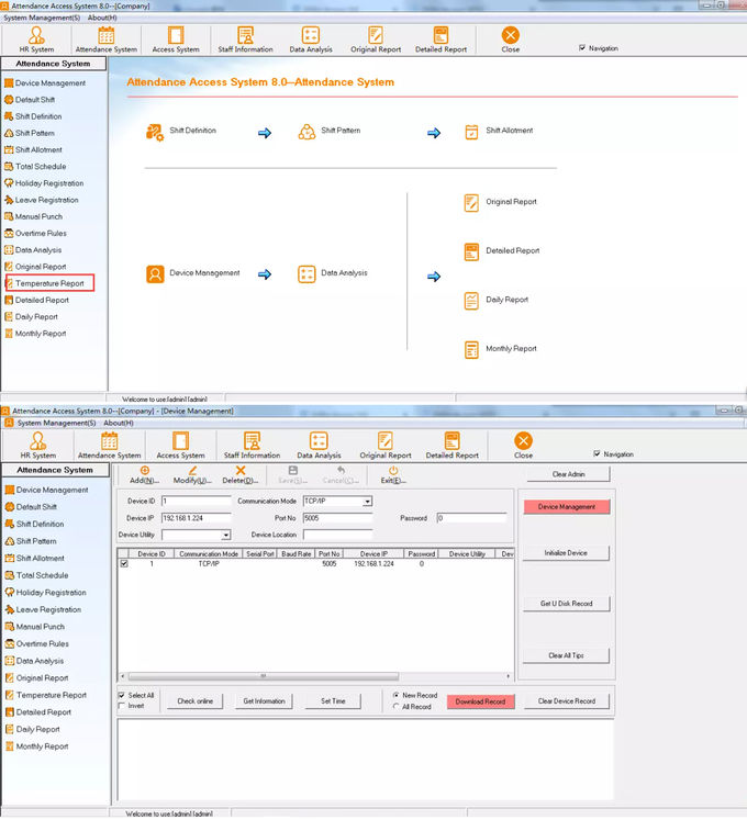atención del tiempo del reconocimiento de cara del control de acceso de la cara de la pantalla táctil de 8 pulgadas con el detector termal de los temporeros