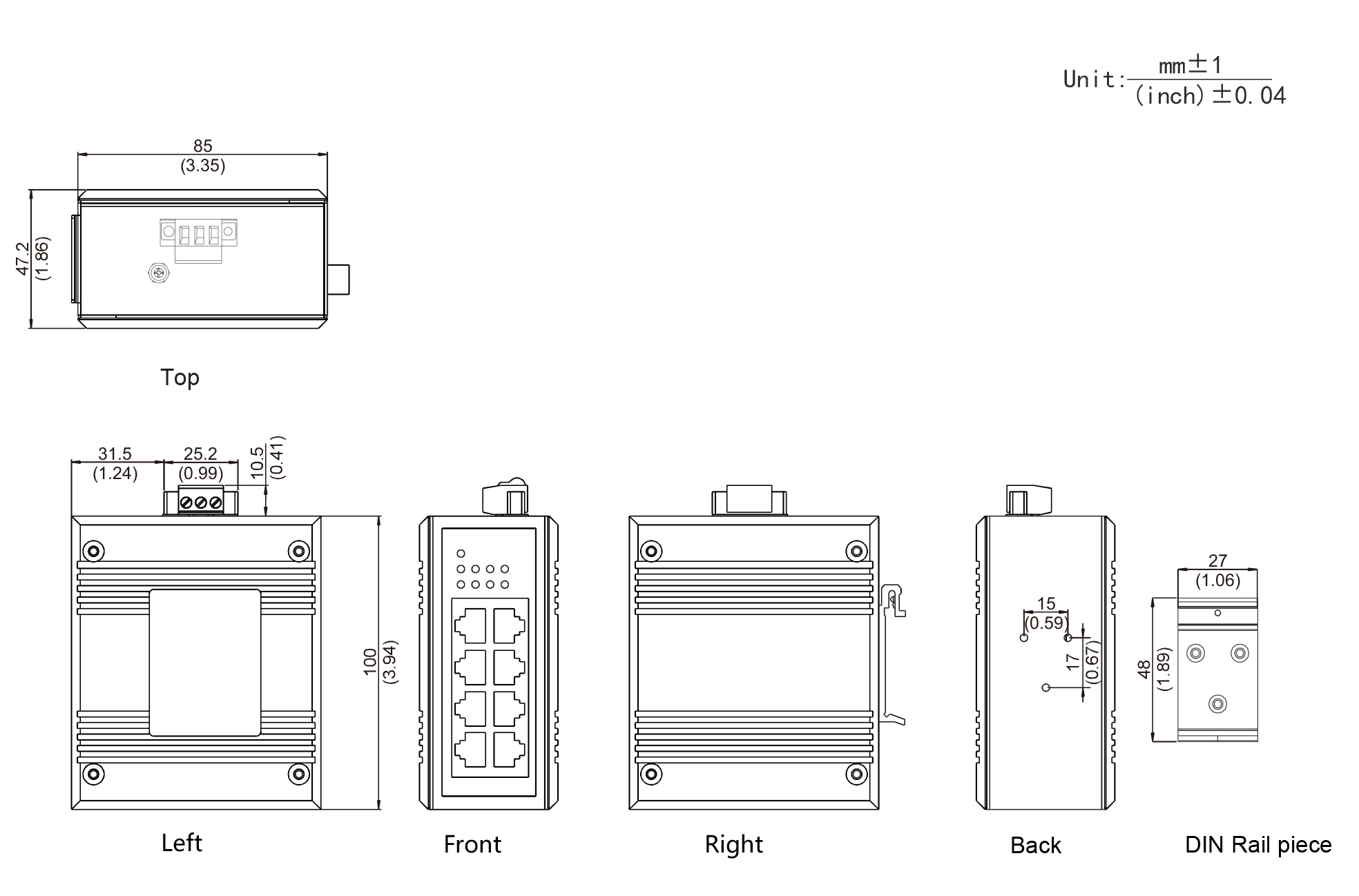 Mechanical dimension drawing of the 8-port industrial Ethernet switch