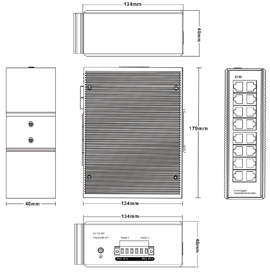 Mechanical dimension drawing of UE-16TC/L industrial Ethernet switch