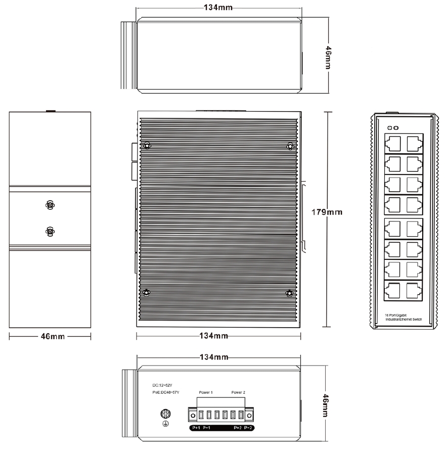 Mechanical dimension drawing of U-16TC/L industrial Ethernet switch