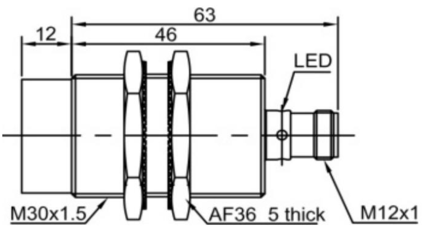 Dimensional drawing of the inductive sensor showing measurements and connection points