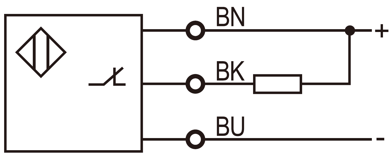 Wiring diagram for M8 cylindrical inductive sensor showing proper electrical connections
