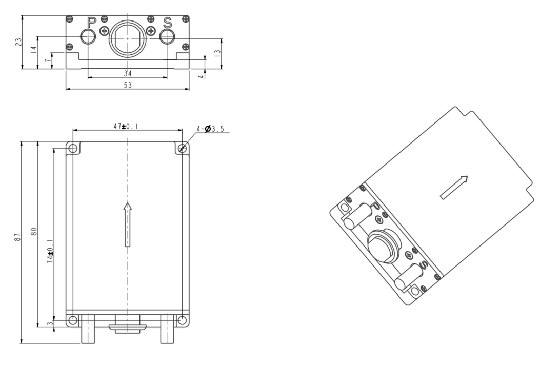 Technical diagram showing dimensions of INS100E integrated navigation system