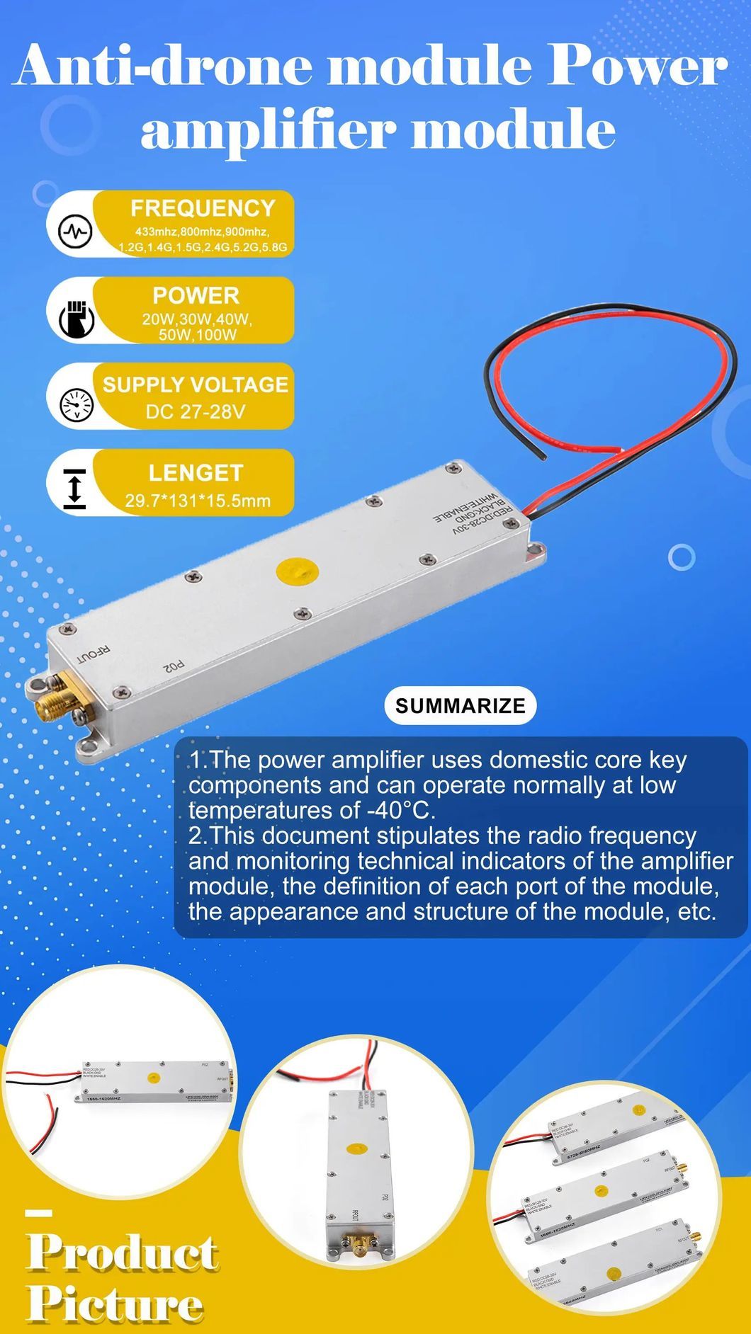 800MHz 30W GaN RF Amplifier Module Bluetooth Blocker for Anti Drone System Drone Detection System