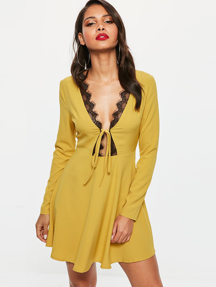 Sexy Mature Elegant Deep V Neck Mini Dress With Lace 0