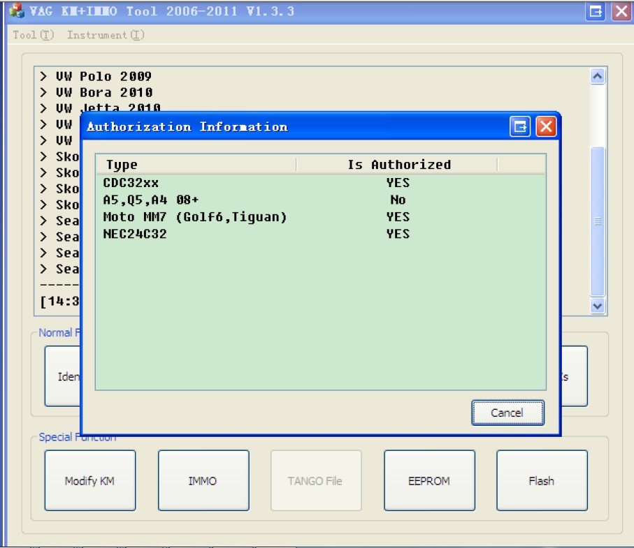 Werkzeug-Software-Anzeige 8 VAG KM+IMMO