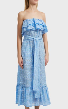 Women Blue Cotton Off Shoulder Floral Embroidery Ruffle Dress Women 1
