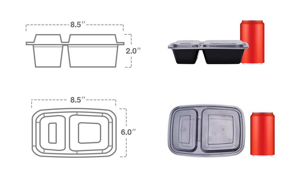 50 Packs 2 Compartments 32 oz Meal Prep Containers Dimensions: 8.4