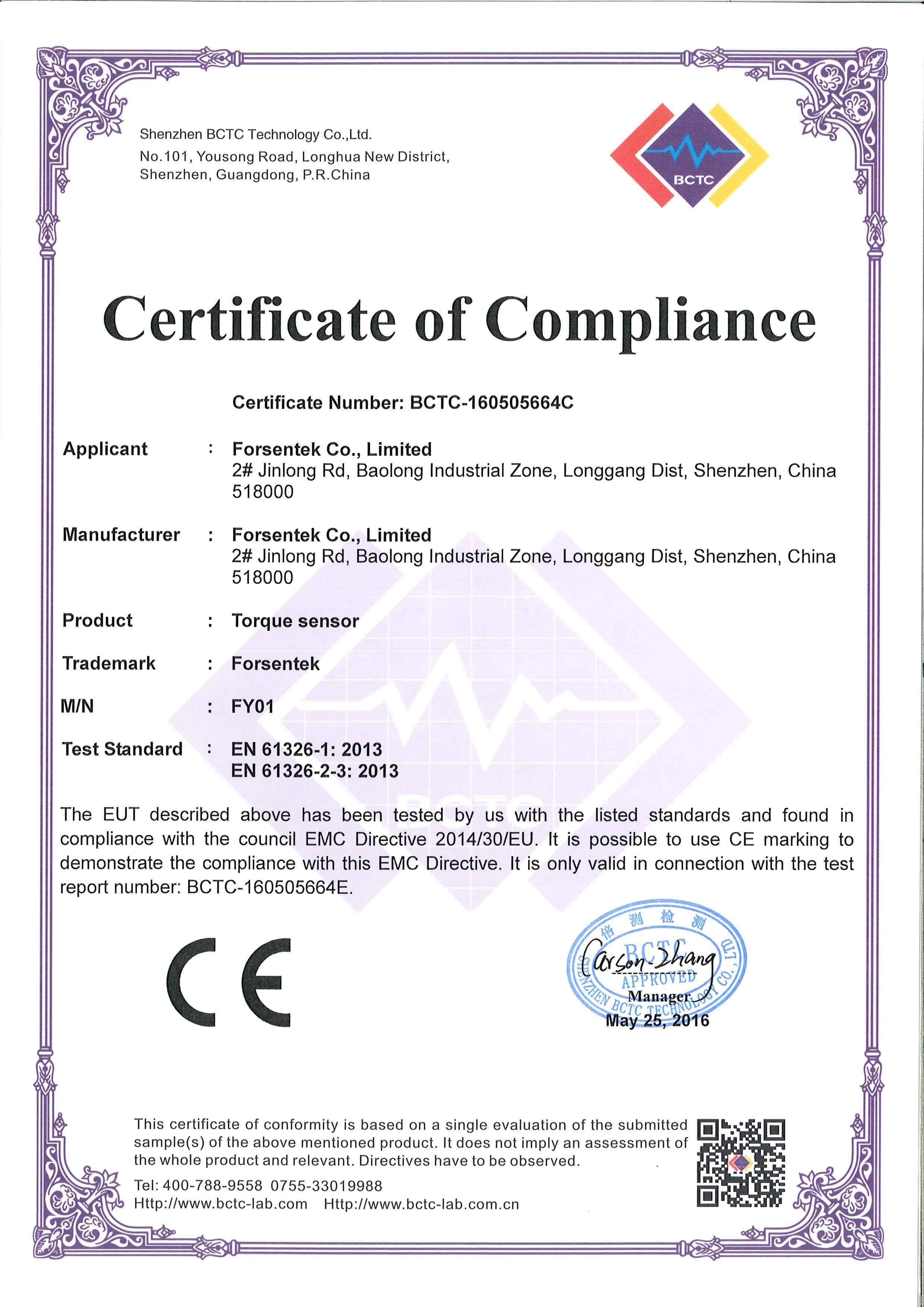 certificado del transductor del esfuerzo de torsión
