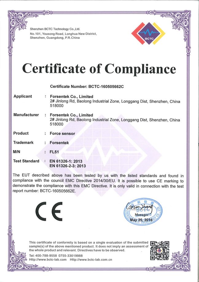 certificado do transdutor da força