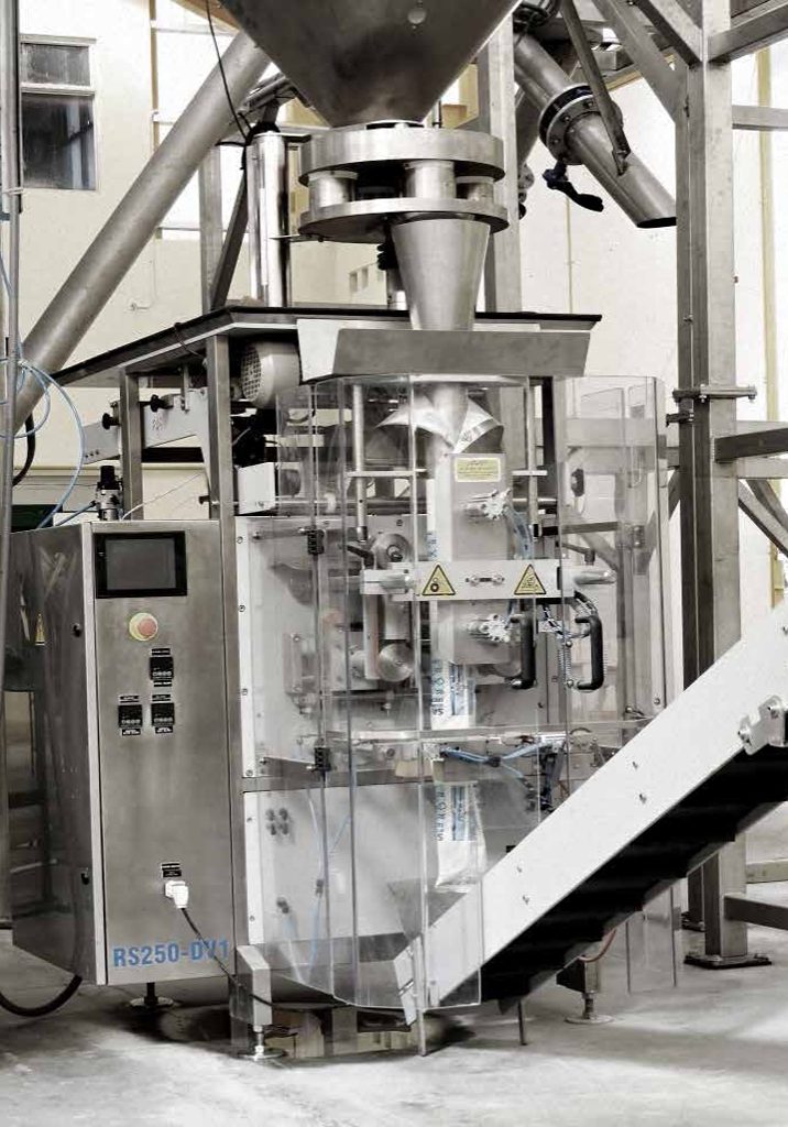 Vertical form-fill-seal machine for small salt pouches in a factory