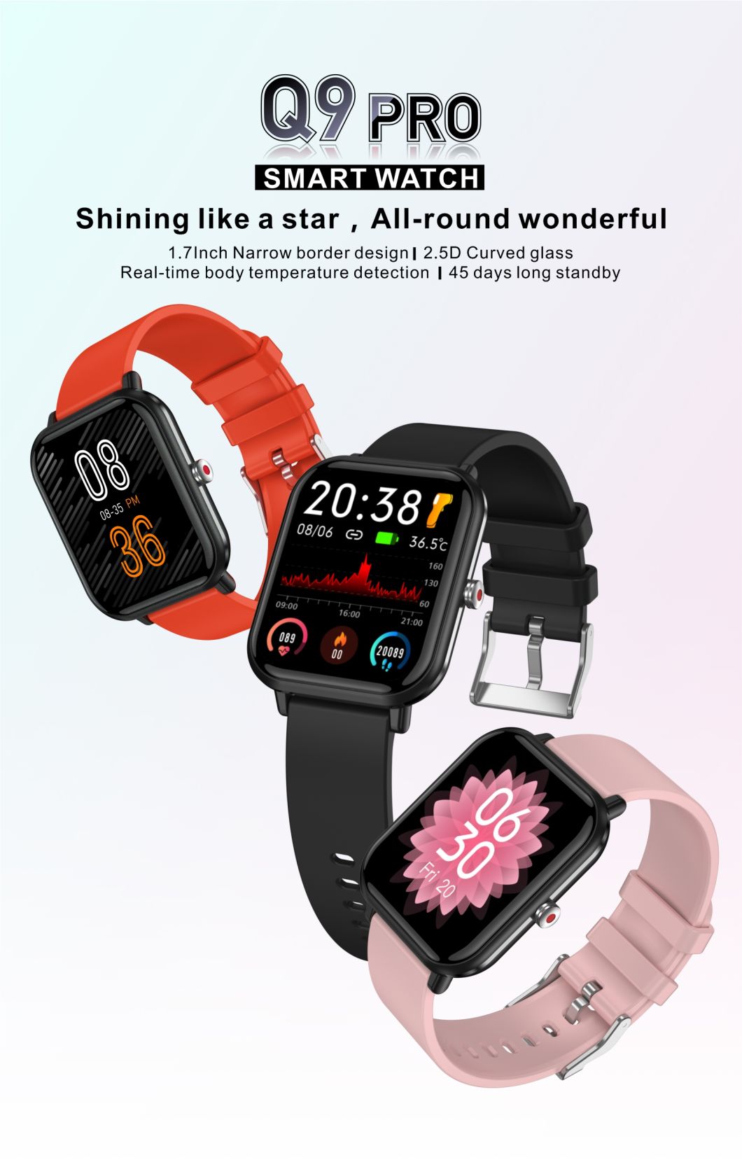 Il multiplo a schermo pieno ad alta definizione a 1,7 pollici di controllo di musica del monitoraggio della temperatura di tocco 240*280pixel di TFT compone lo Smart Watch di Q9PRO