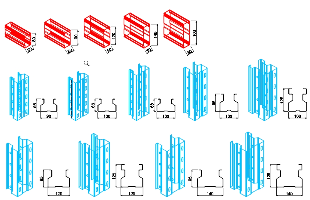 Technical diagram of rack upright and beam sections