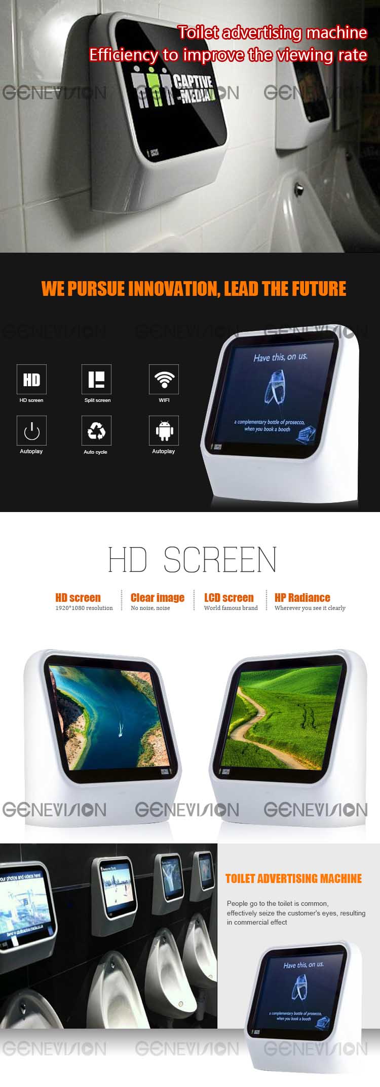 15 duim binnenmuur opgezette van het het toiletscherm van de reclamevertoning het systeem van Android dynamische video reclamesignage