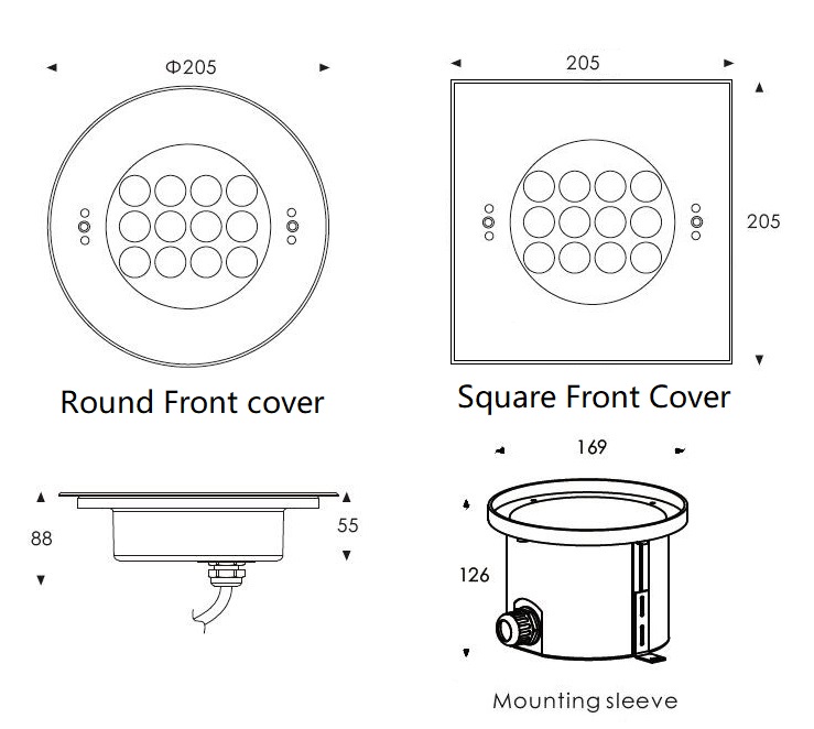 Dimensione per il giro e la luce subacquea messa quadrata di acciaio inossidabile LED della copertina 316L
