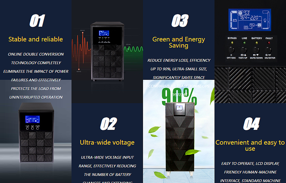 High-frequency tower UPS single input single output dual conversion online operation