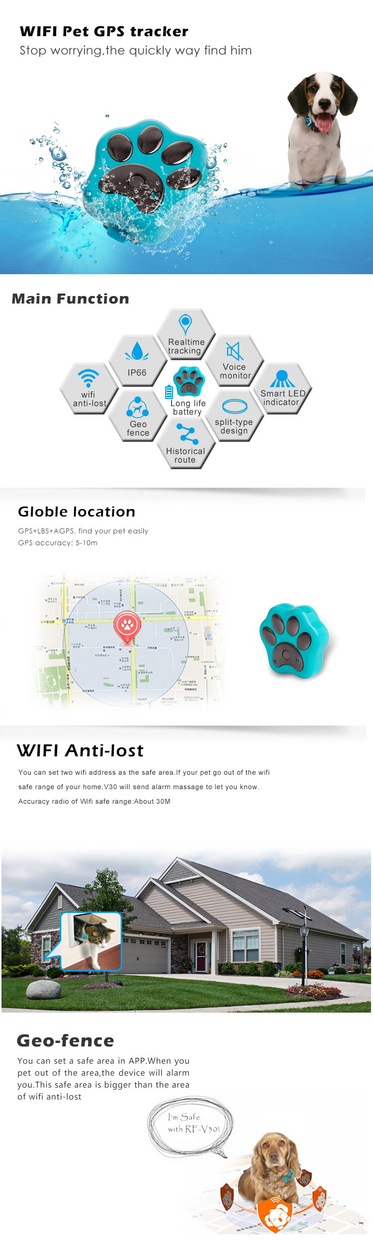 O perseguidor esperto diy o menor dos gps dos colares de cão de estimação dos mundos Rf-v30