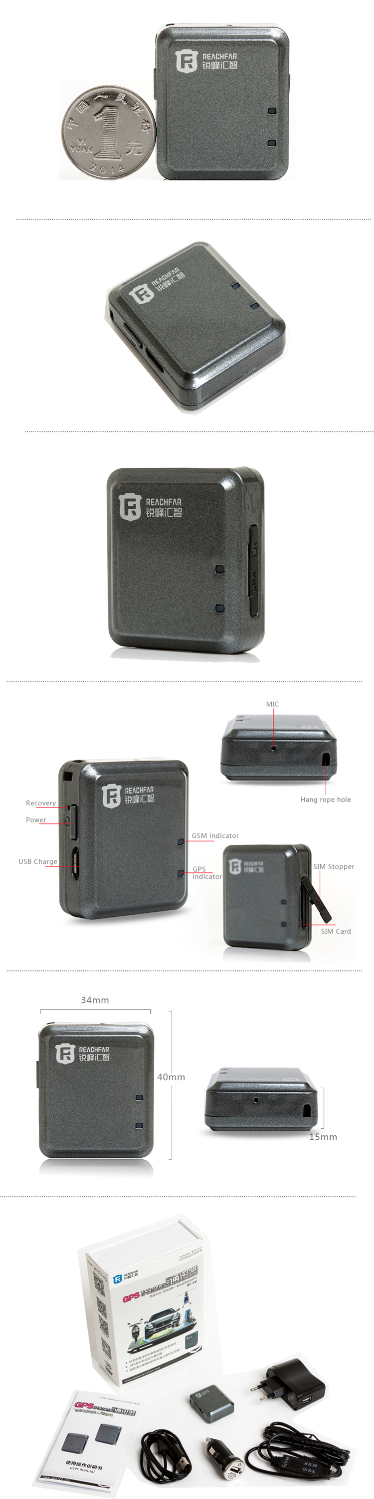 Perseguidor escondido do carro dos gps da bicicleta do tamanho da moeda de Reachfar Rf-v8 mini