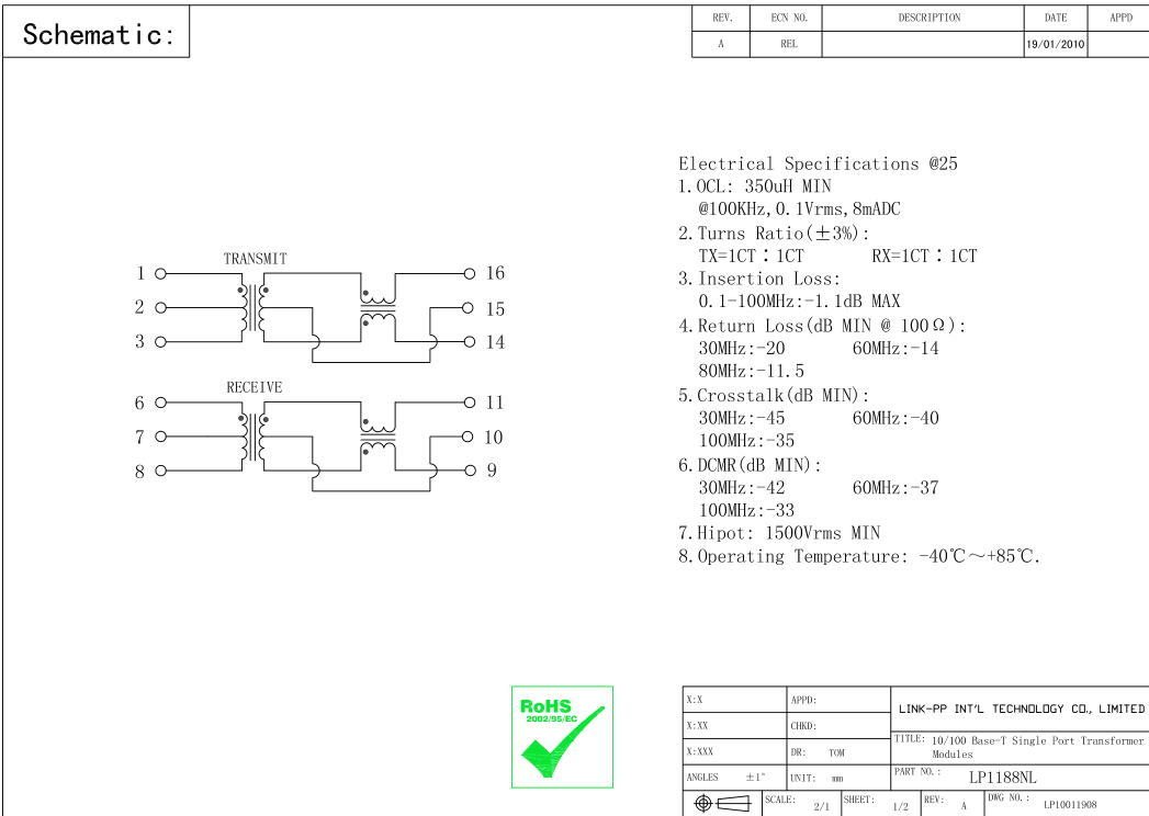 Transformador de SMT de Ethernet del Magnetics LP1102NL 10/100Base-T del Lan de H1601CG