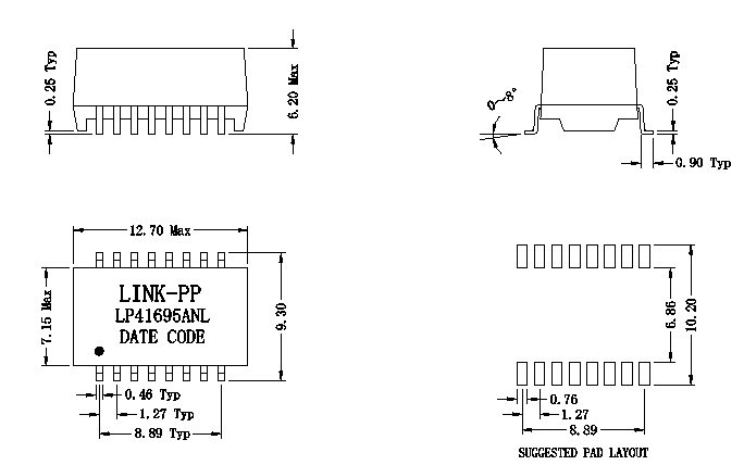 HX1225FNL/HX1225FNLT 100Base-T 이더네트 MDL 1:1 TU 고립 변압기
