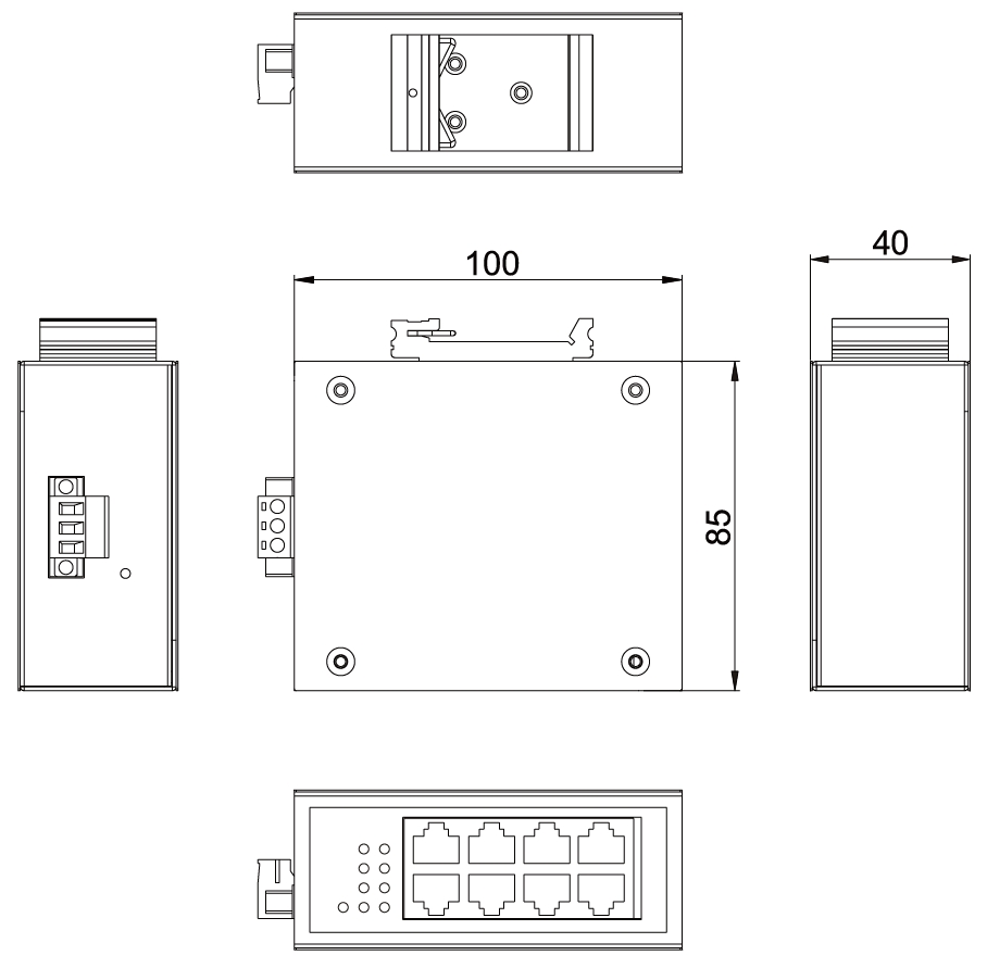 Mechanical dimension drawing of UES-08TY industrial Ethernet switch
