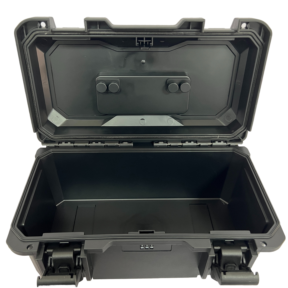 Waterproof tool storage case showing construction details