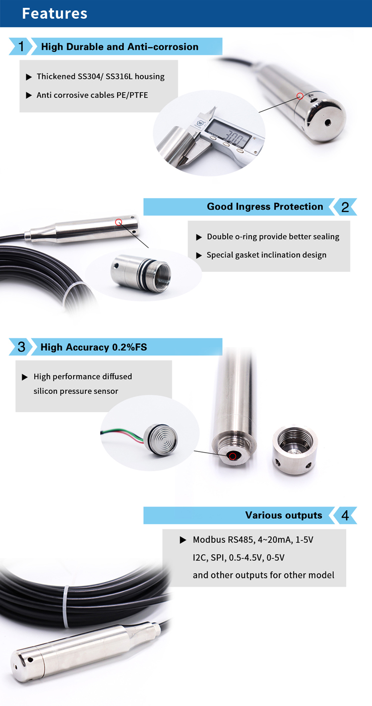4-20mA I2C RS485の出力が付いている304SSプールの水位センサー